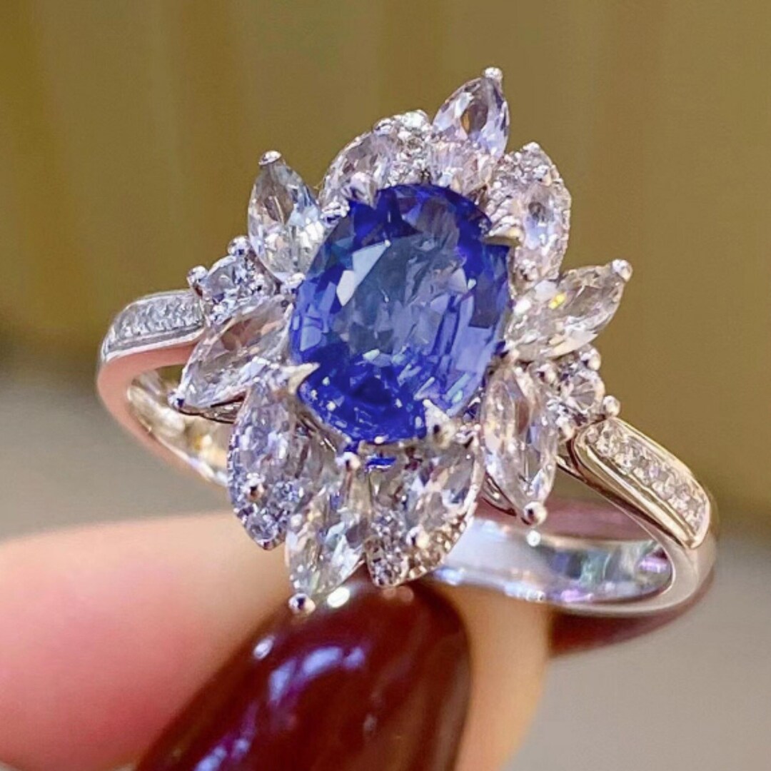 Lab Created Blue Tanzanite Ring Blue Gemstone Ring Floral Ring Wedding ...