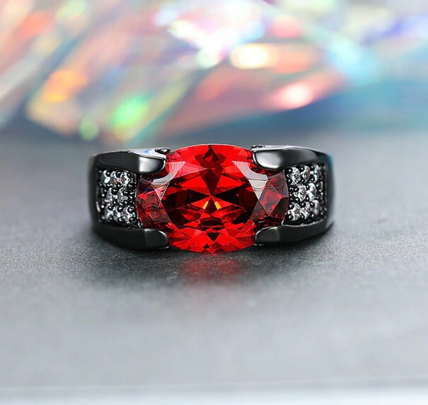 Red Oval Ring Black Gold Ring Red Stone Ring Gift for - Etsy