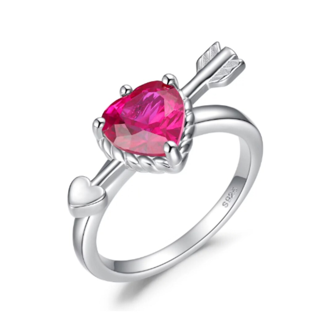 8x8mm Heart Cut Lab Created Ruby Ring, 925 Sterling Silver Ruby Heart Ring, Love Heart Cupid ...