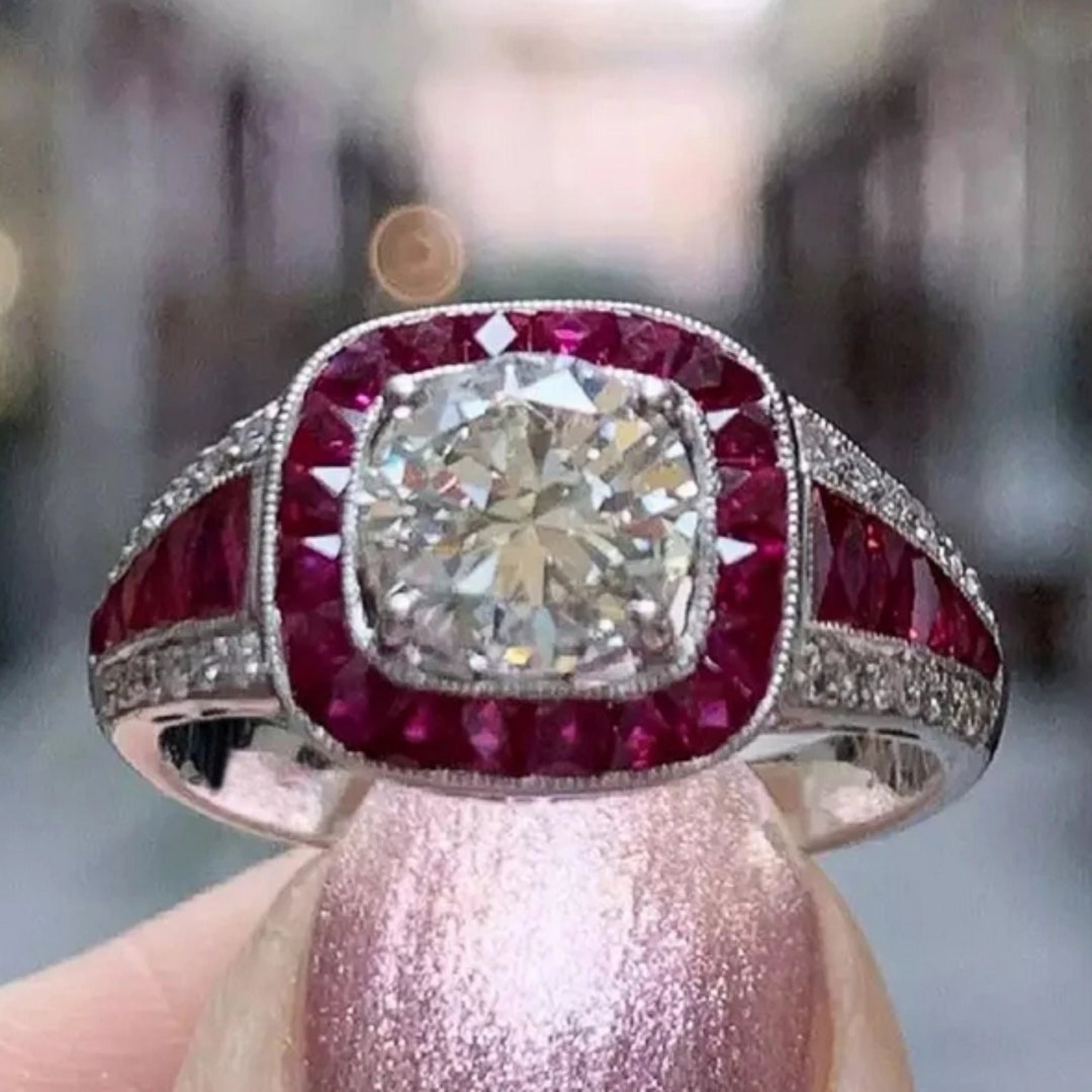 Simulated Diamond and Ruby Ring Round Cut Moissanite Gemstone Ring Red ...