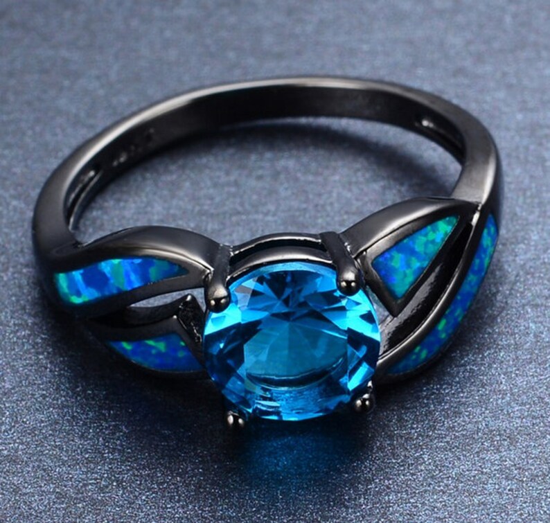 Blue Topaz Ring Black Gold Ring Round Blue Topaz Ring | Etsy