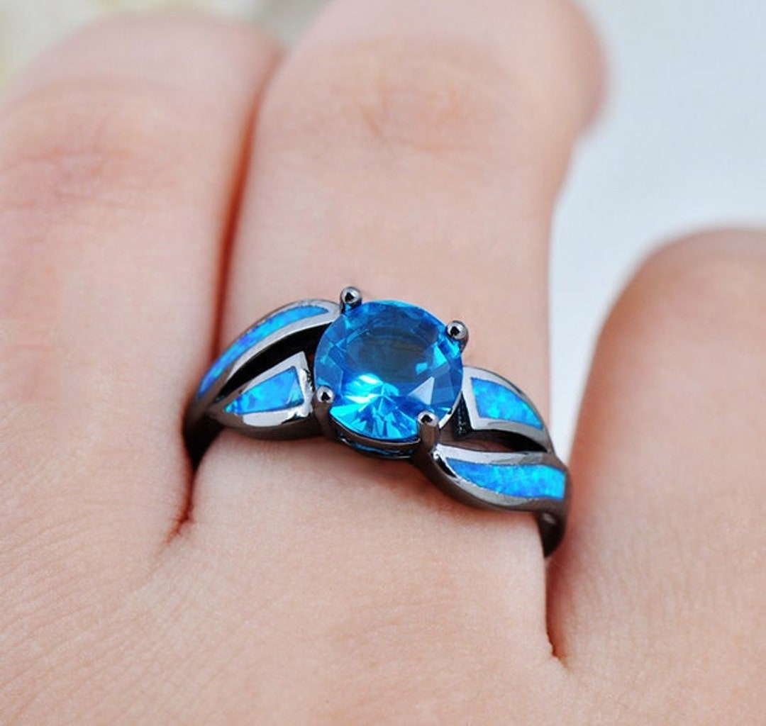 Blue Topaz Ring Black Gold Ring Round Blue Topaz Ring Engagement Ring ...