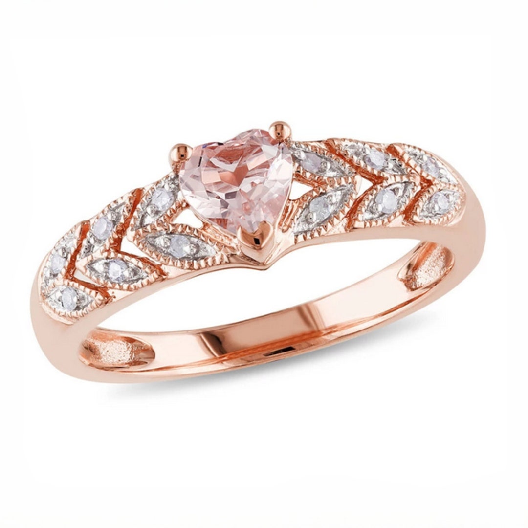Peach Pink Morganite Ring Heart Cut Morganite Ring Rose Gold Morganite ...
