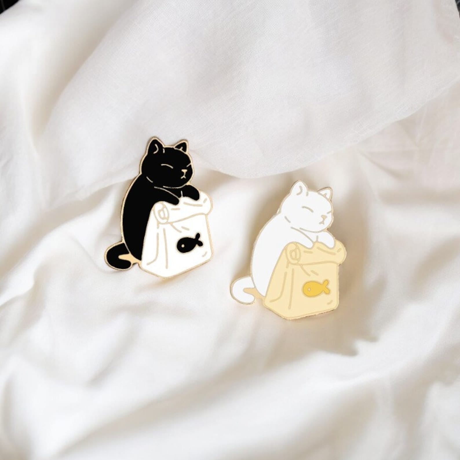 Cute Cat Enamel Pin Set - Black and White Cats With Fish Bag | Adorable ...