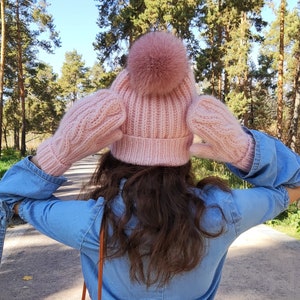 Knitted Hat Mittens Set, Pink Angora Hat, Fluffy Womens Hat, Winter Pom ...