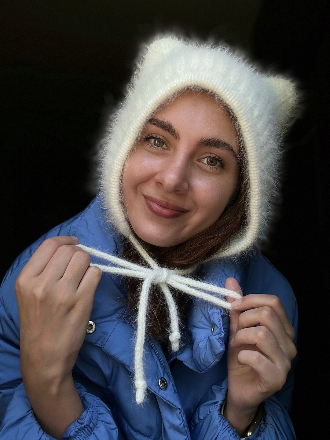 Hand Knitted Adult Bonnet, Fluffy Wool Balaclava, Bear Ear Bonnet ...