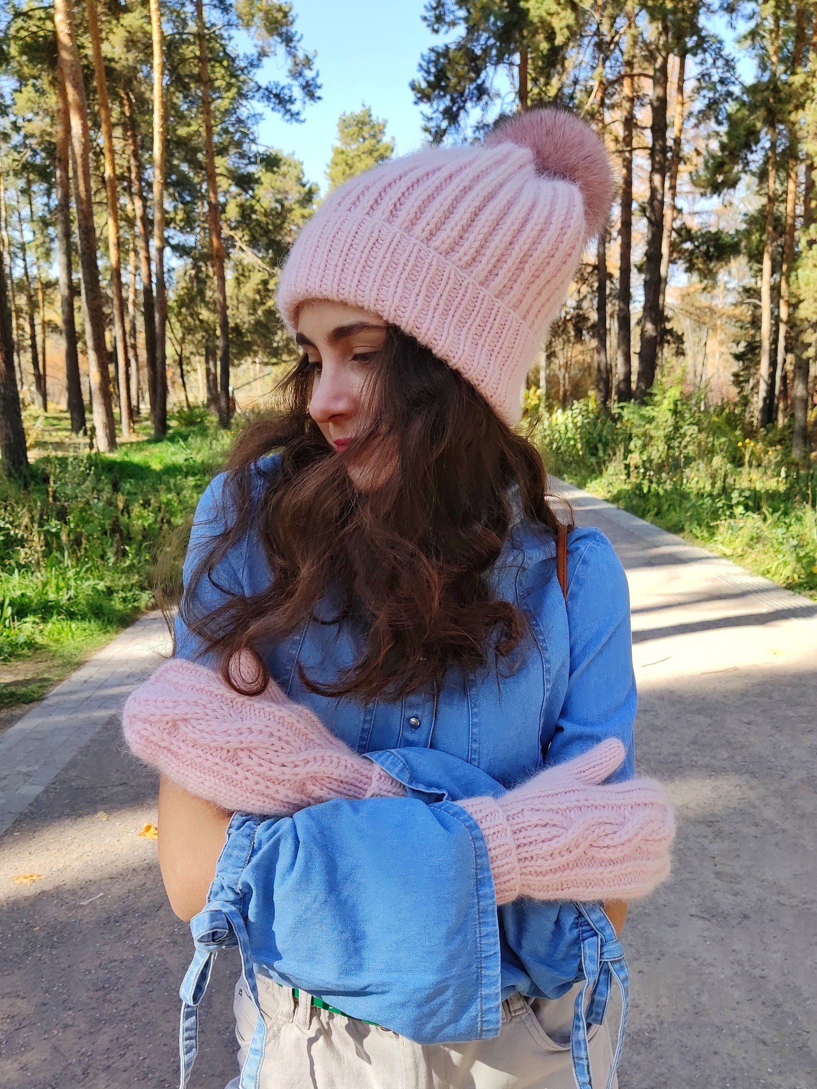 Knitted Hat Mittens Set, Pink Angora Hat, Fluffy Womens Hat, Winter Pom ...
