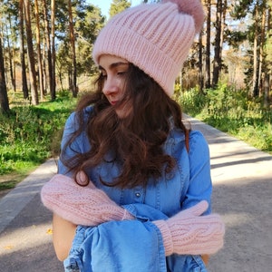 Knitted Hat Mittens Set, Pink Angora Hat, Fluffy Womens Hat, Winter Pom ...
