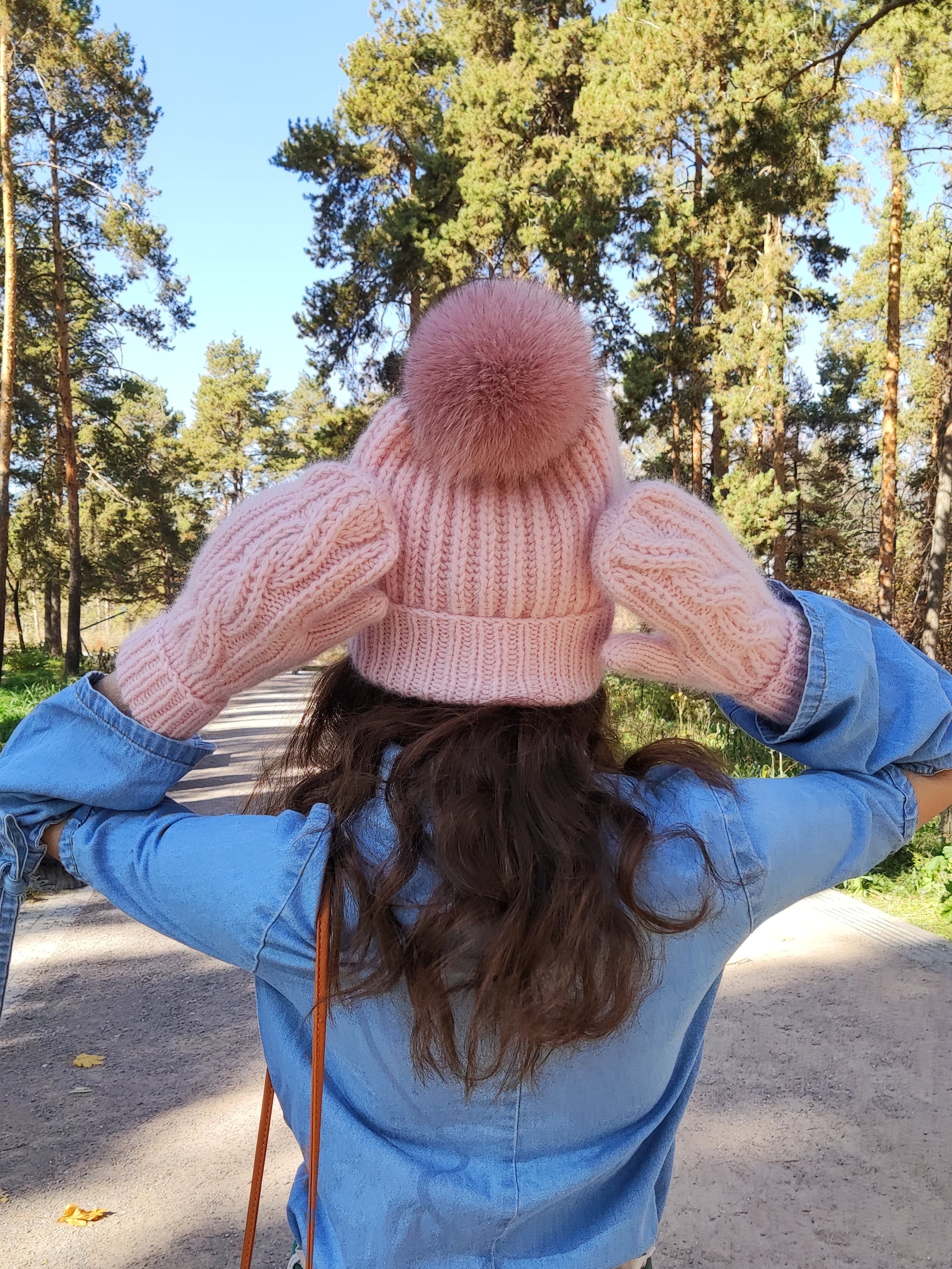 Knitted Hat Mittens Set, Pink Angora Hat, Fluffy Womens Hat, Winter Pom ...