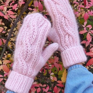 Knitted Hat Mittens Set, Pink Angora Hat, Fluffy Womens Hat, Winter Pom ...