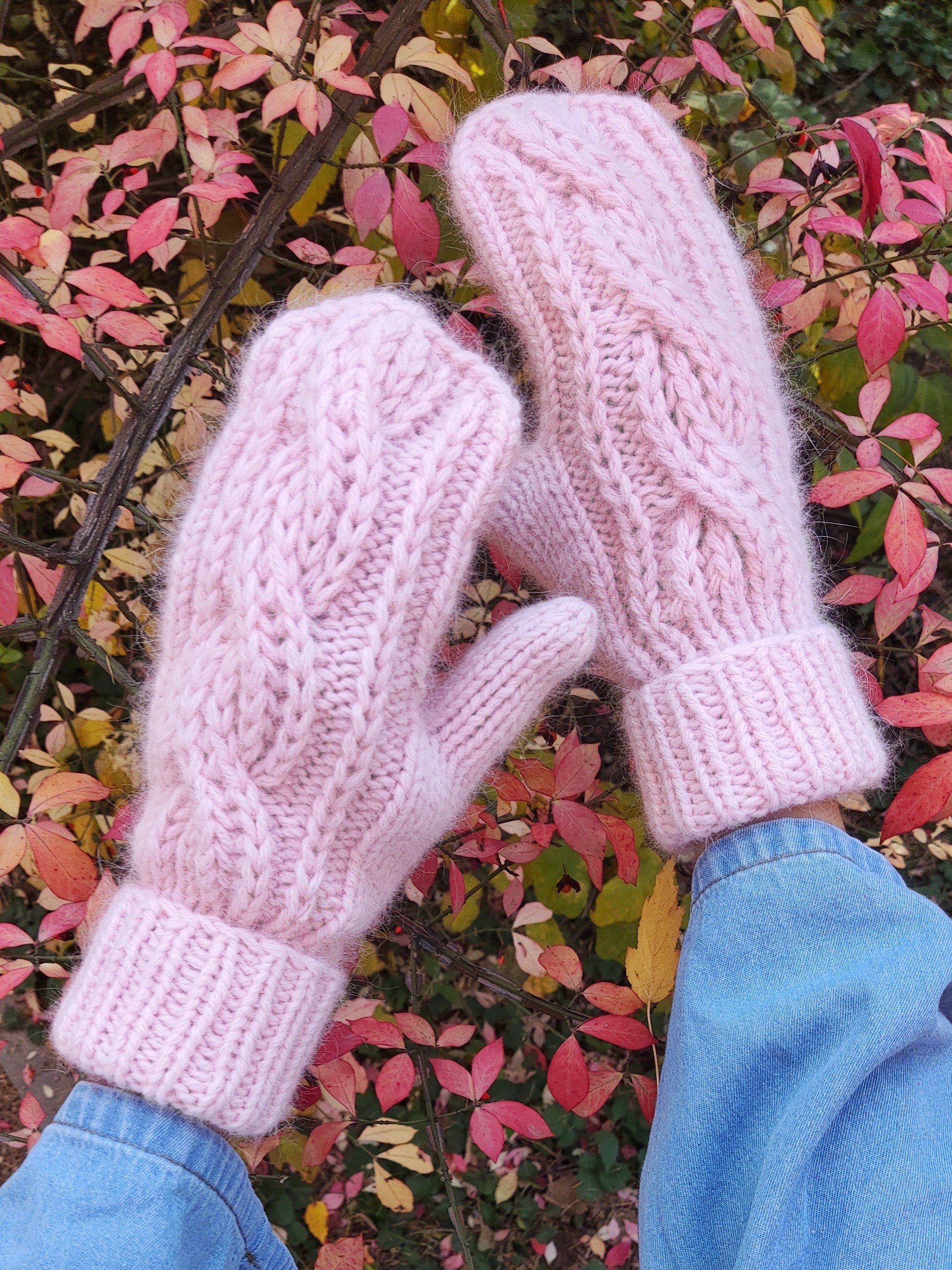 Knitted Hat Mittens Set, Pink Angora Hat, Fluffy Womens Hat, Winter Pom ...