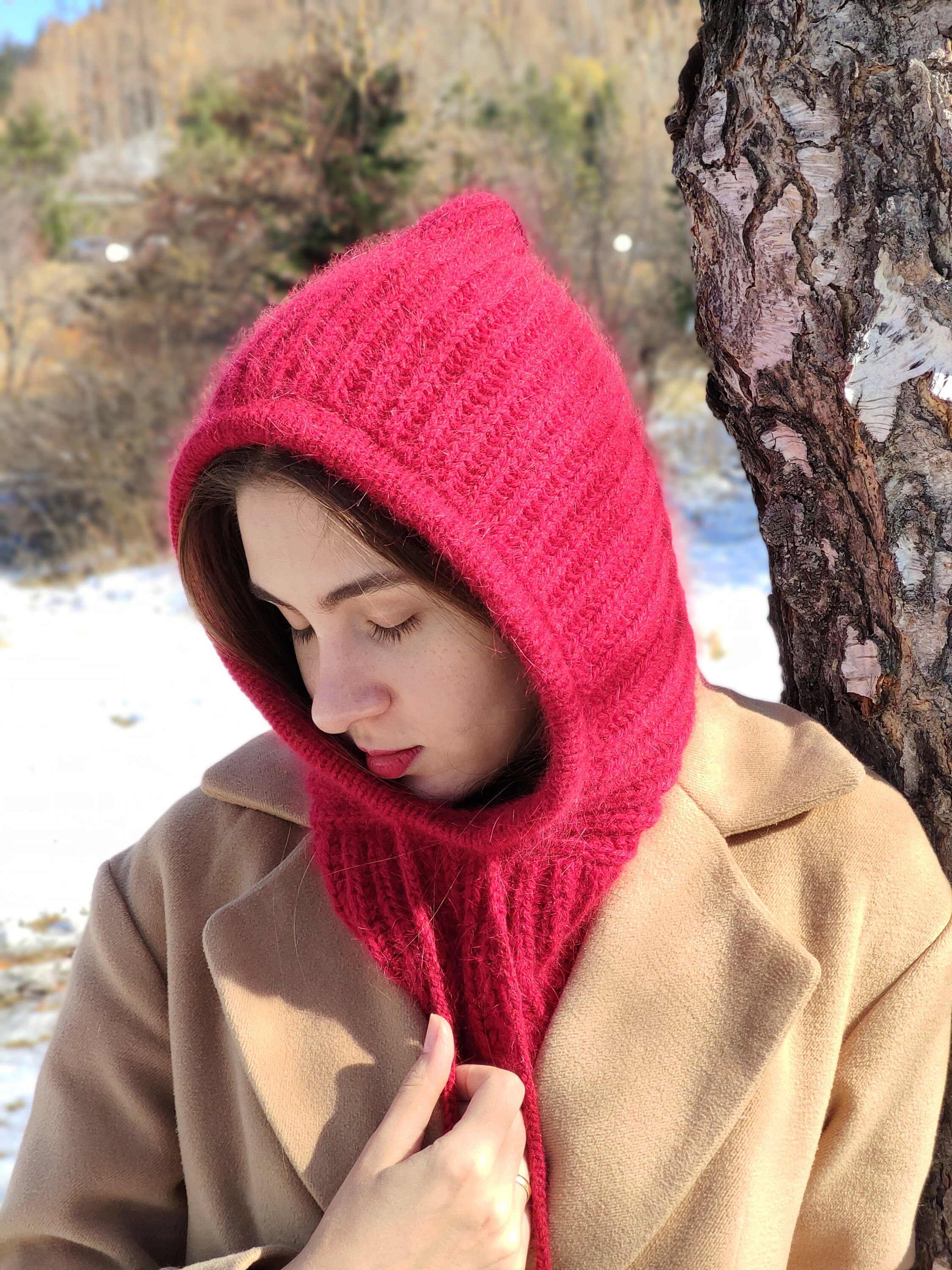 Knitted Hood, Chunky Cowl Scarf, Knit Angora Hat, Wool Balaclava Hat ...