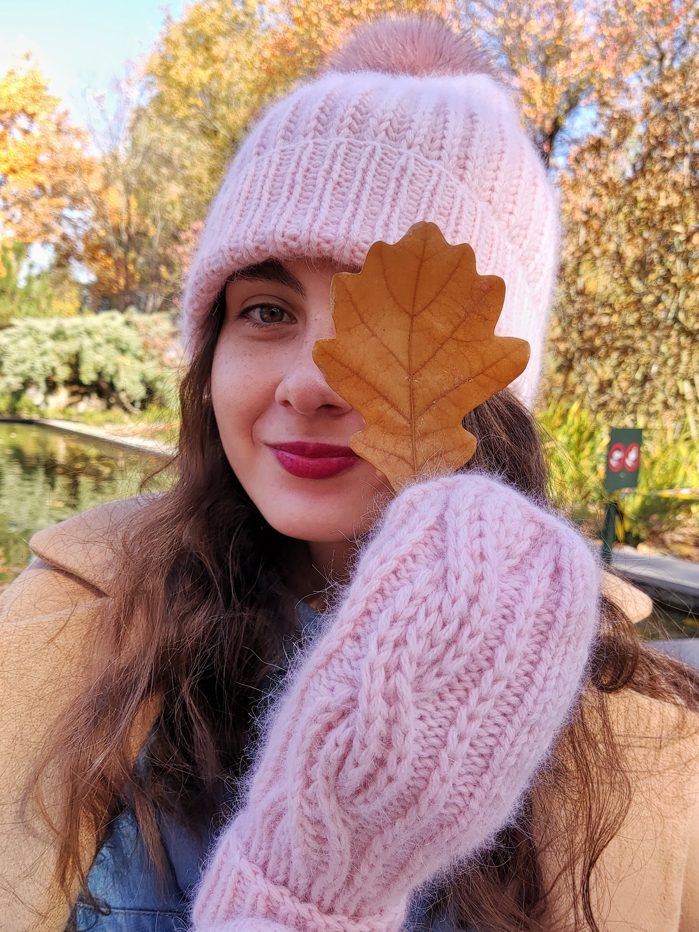 Knitted Hat Mittens Set, Pink Angora Hat, Fluffy Womens Hat, Winter Pom ...