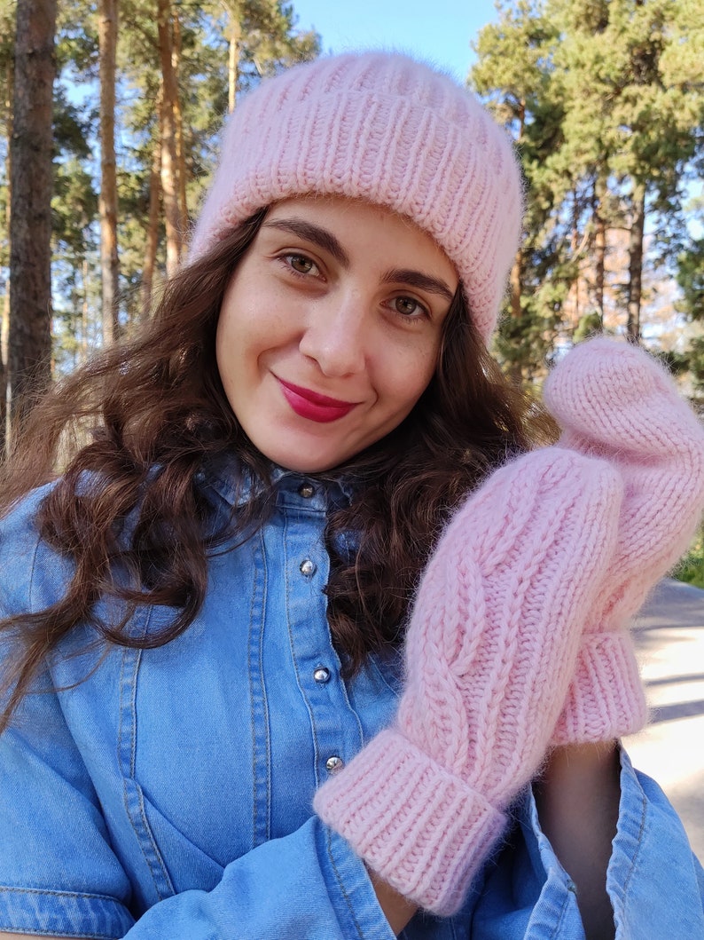 Knitted Hat Mittens Set, Pink Angora Hat, Fluffy Womens Hat, Winter Pom ...