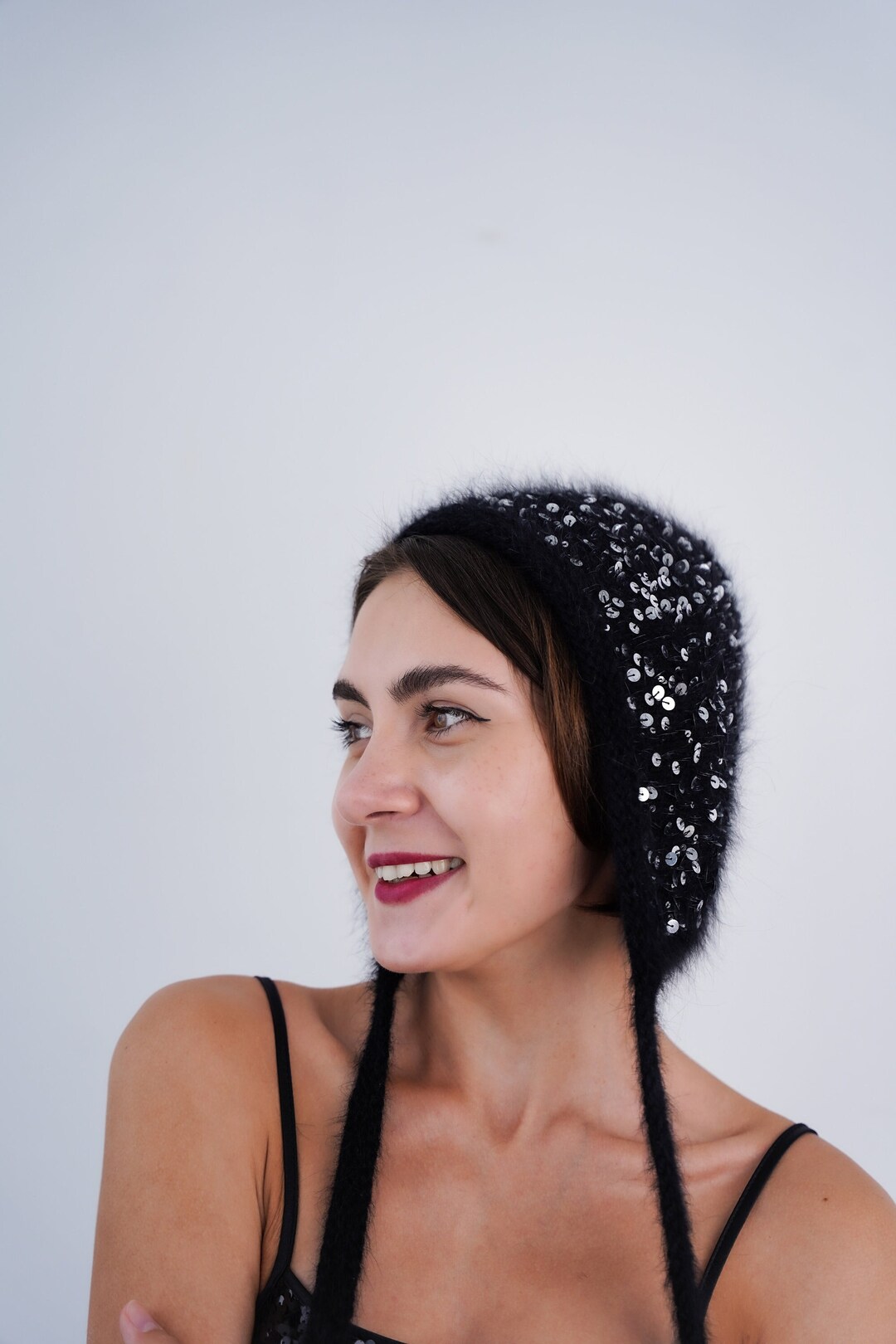 Ready to Ship, Handmade Knit Bonnet, Cap With Sequins for Women, Fluffy ...