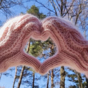 Knitted Hat Mittens Set, Pink Angora Hat, Fluffy Womens Hat, Winter Pom ...