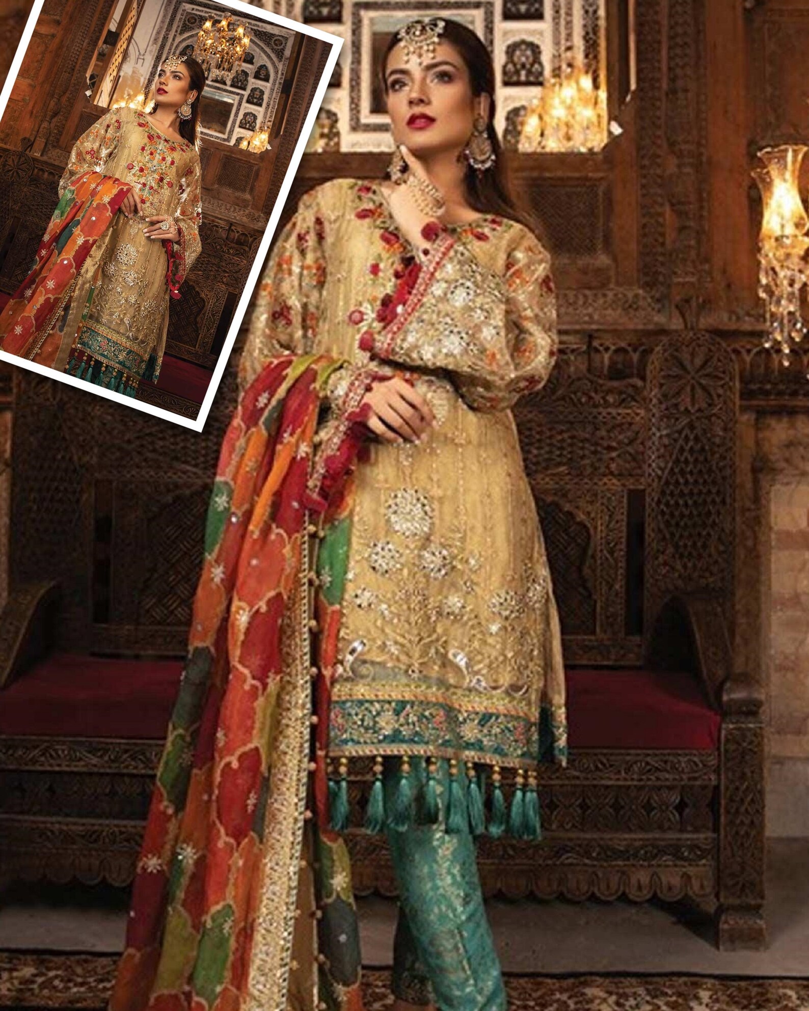 Embroidered Net Pakistani Bridal Dress: Silk Dupatta, Jamawar Trouser ...