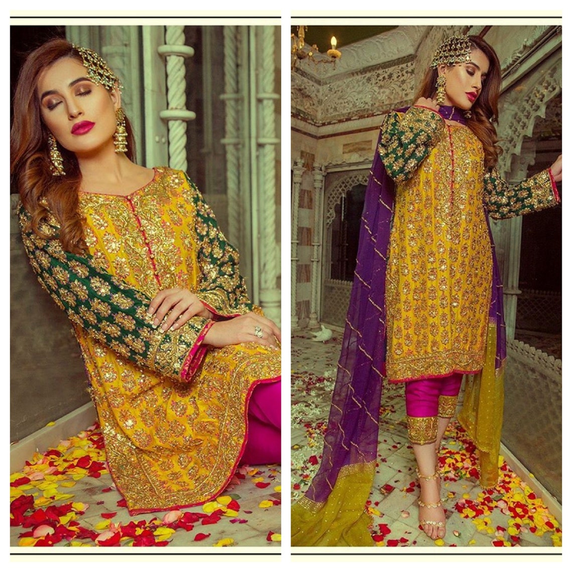 Pakistani Mehndi Yellow and Purple Salwar Kameez, Formal Outfit for ...