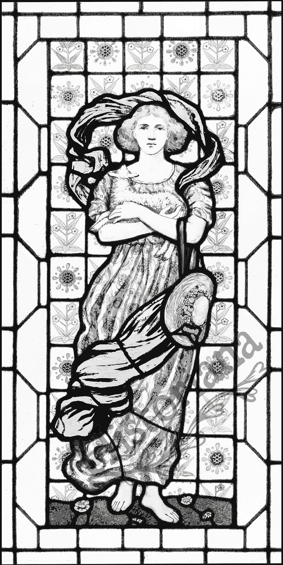 Colouring Page, Stained Glass Pre-raphaelite Springtime Allegory, Adult ...