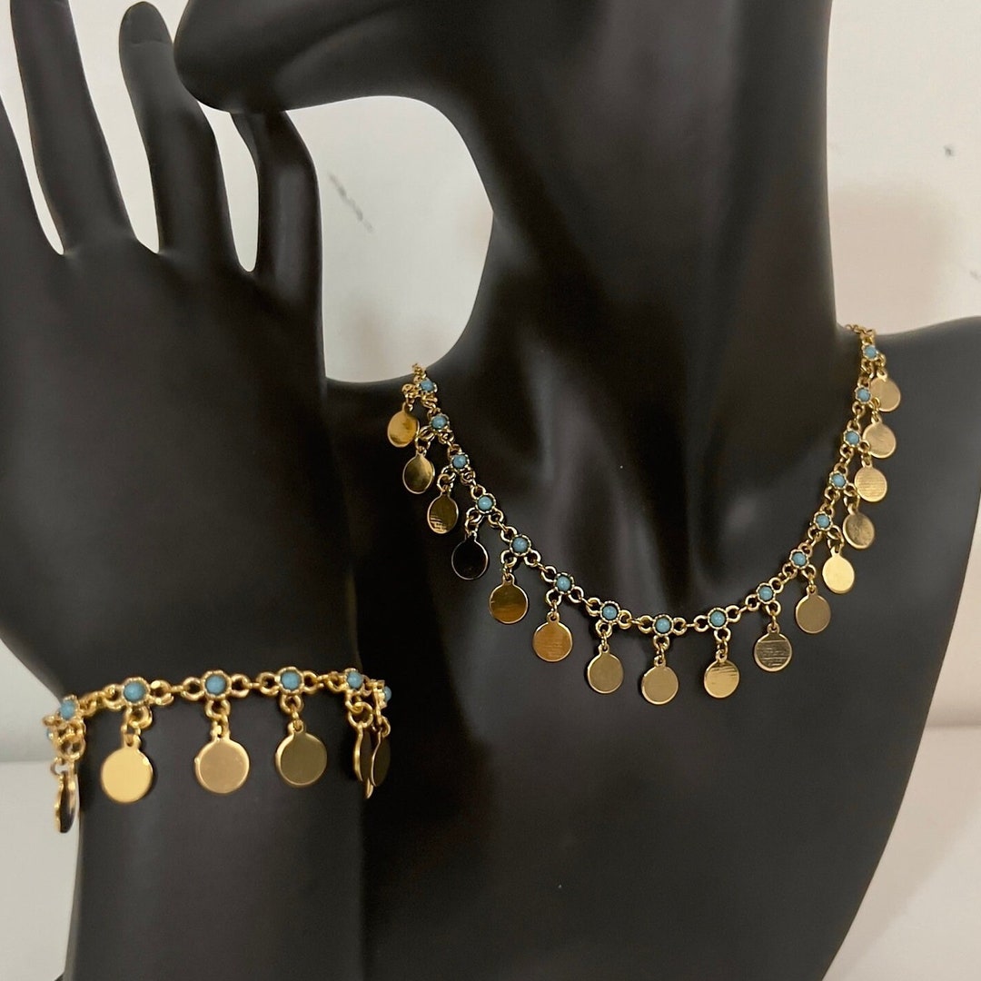 21K Gold Plated Lira Arabic Necklace and Bracelet Coins Palestine Iraqi ...