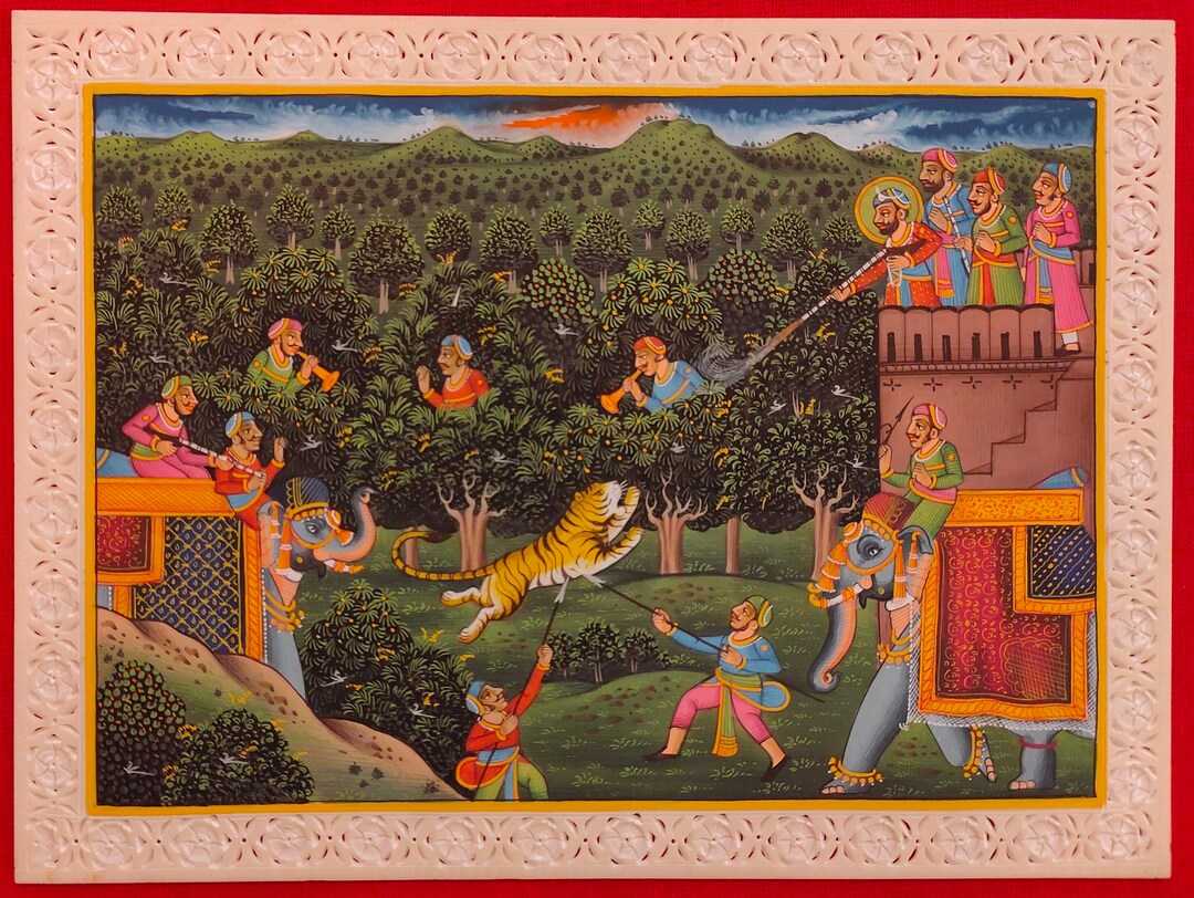 Hand Painted Mughal Hunting Scene Indian Miniature Painting Detailed ...