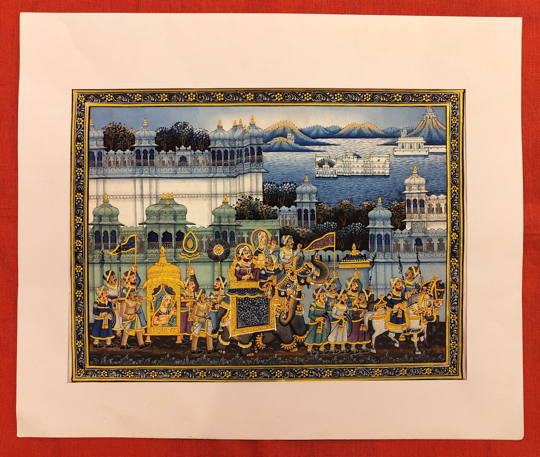 Udaipur Night Scene Original Hand Painted Blue Golden Procession ...