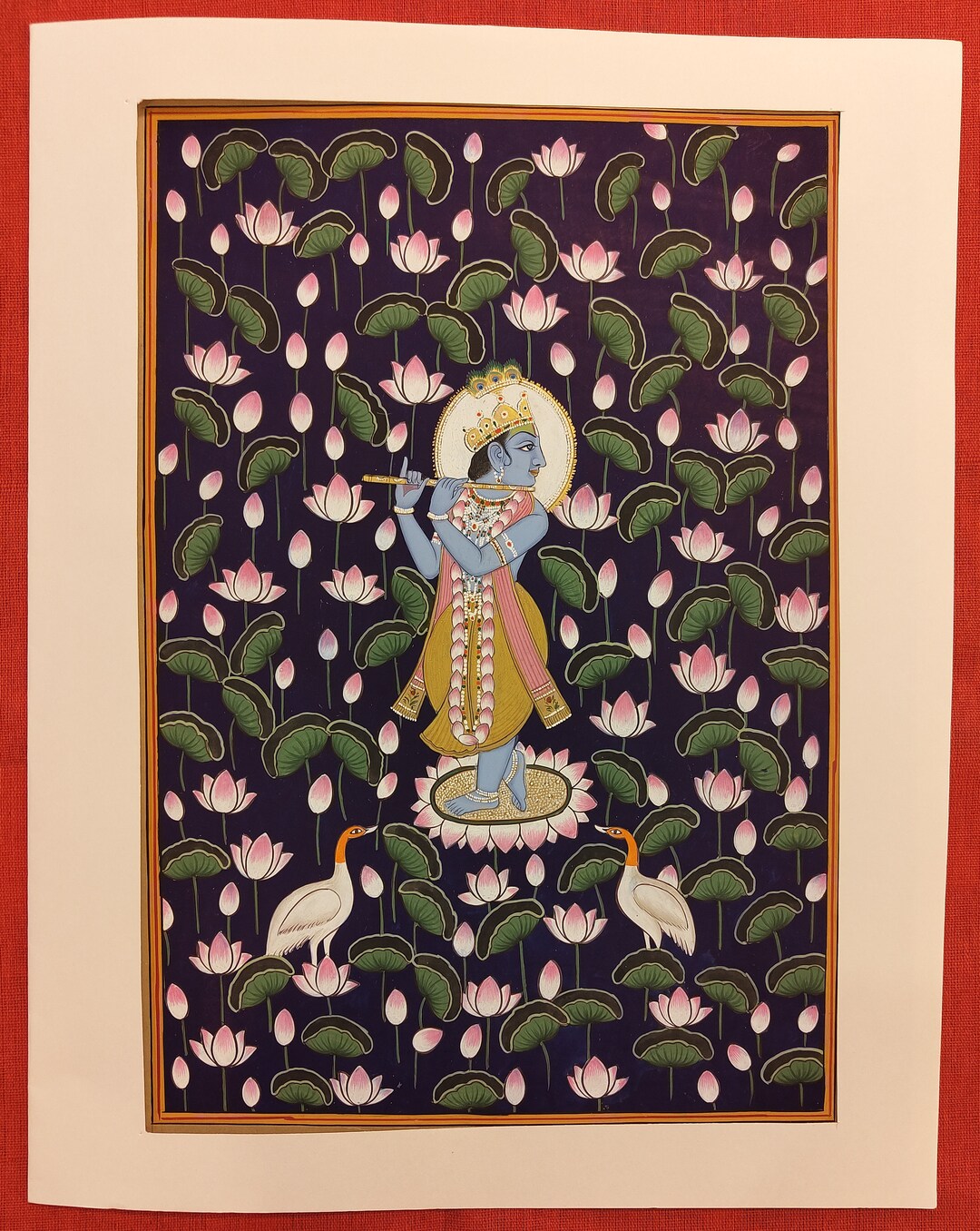 Krishna With Flute Delicate Hand Painted Original Golden Indian Hindu ...