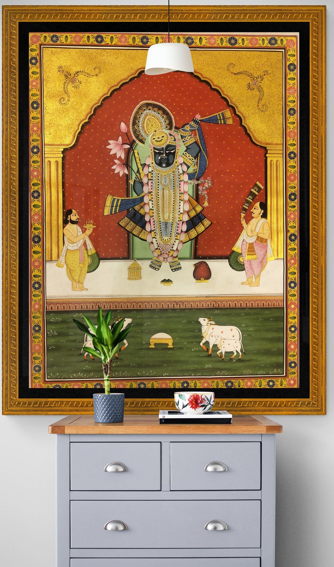 Lord Shreenath Ji Pichwai Painting: 3x4 Ft Gold Foil Rajasthani Art - Etsy
