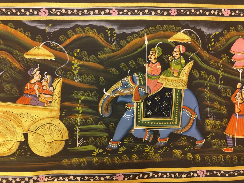 Hand Painted Rajasthani Wedding Procession Miniature Painting on Silk ...