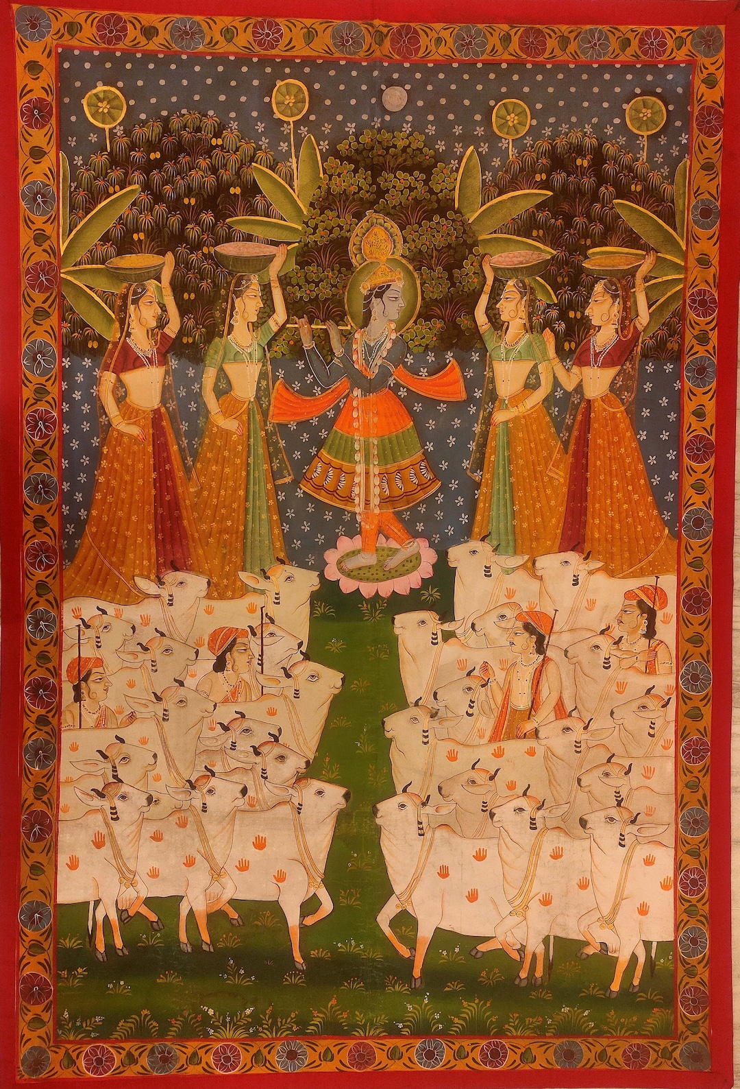 Hand Painted Lord Krishna Pichwai Miniature Art: Holy Cows, Rajasthan ...