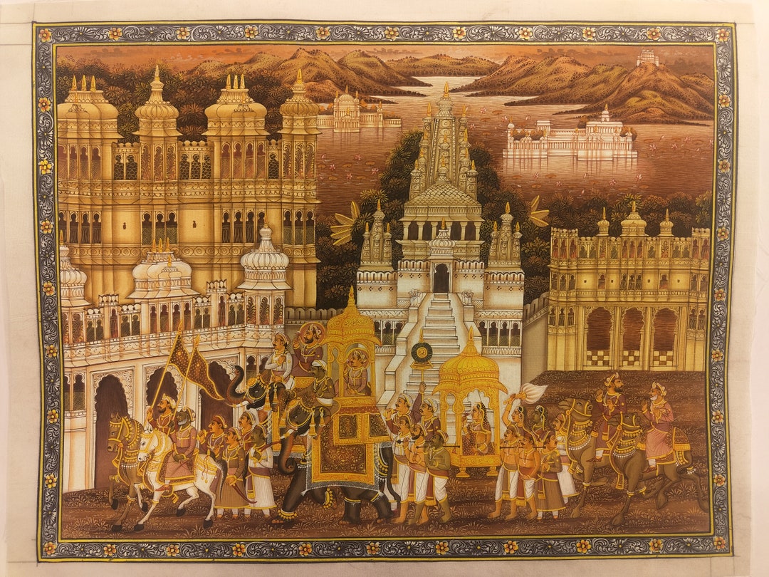 Hand Painted Udaipur Royal Procession Miniature Painting, Silk Cloth ...