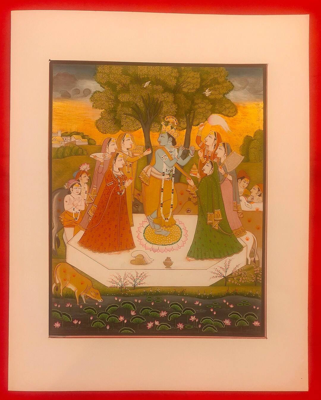 Krishna Radha Painting, Golden Indian Miniature Art, Pahari Rajasthani ...