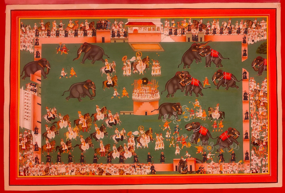 Elephant Fight Miniature Painting: Large Rajasthani Art on Wasli Paper ...