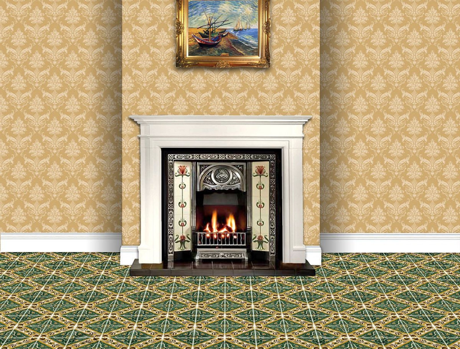 1:12th Green Star With Flower Border Tile Sheet With White - Etsy