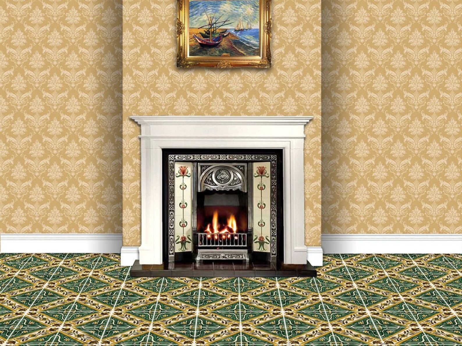 1:12th Green Star With Flower Border Tile Sheet With White - Etsy