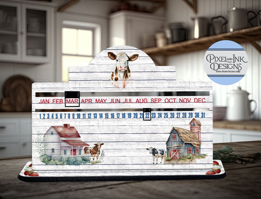 Digital Design Set, Perpetual Calendar Design, Farm Style, Country Cows ...