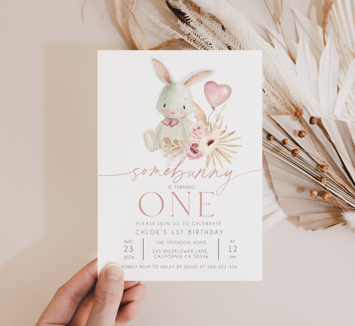 Bunny Birthday Invitation Template, Somebunny is Turning One Editable ...