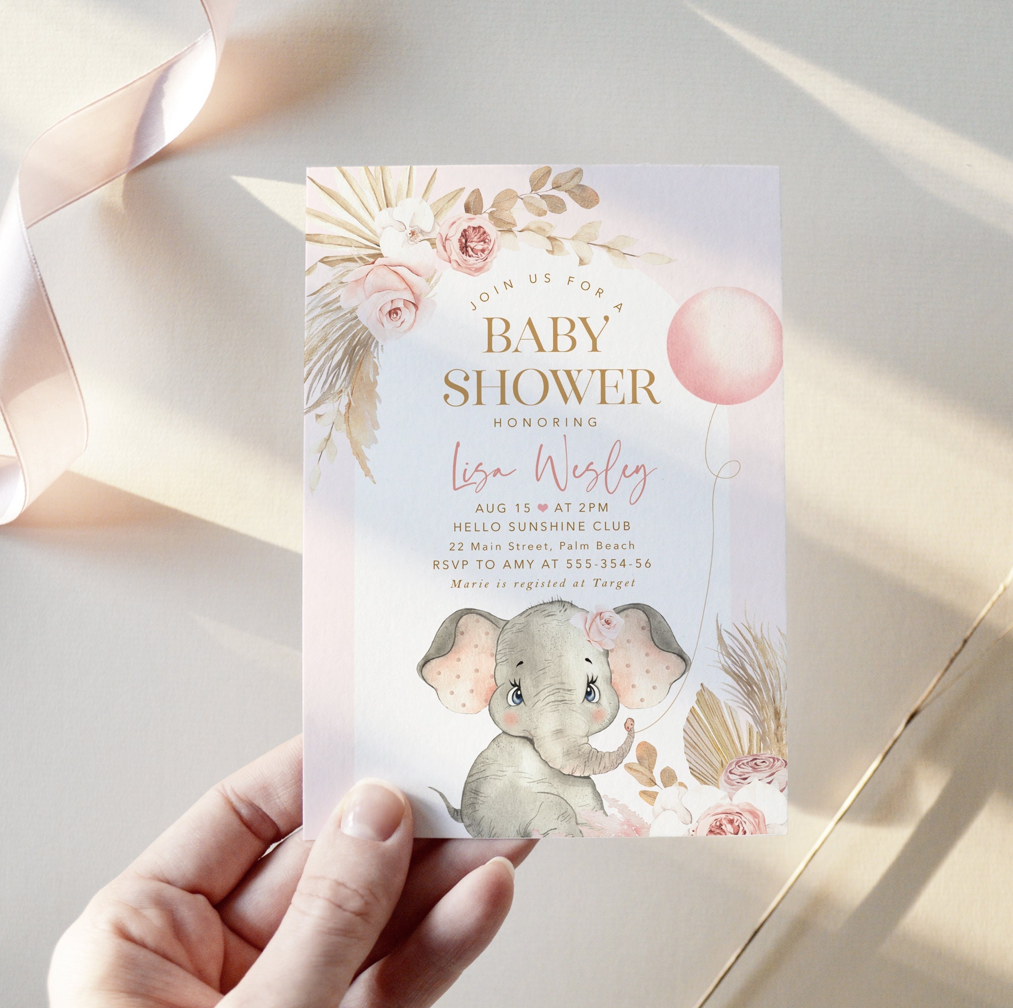 Elephant Baby Shower Invitation, Baby Shower Girl Invite, Floral Baby ...