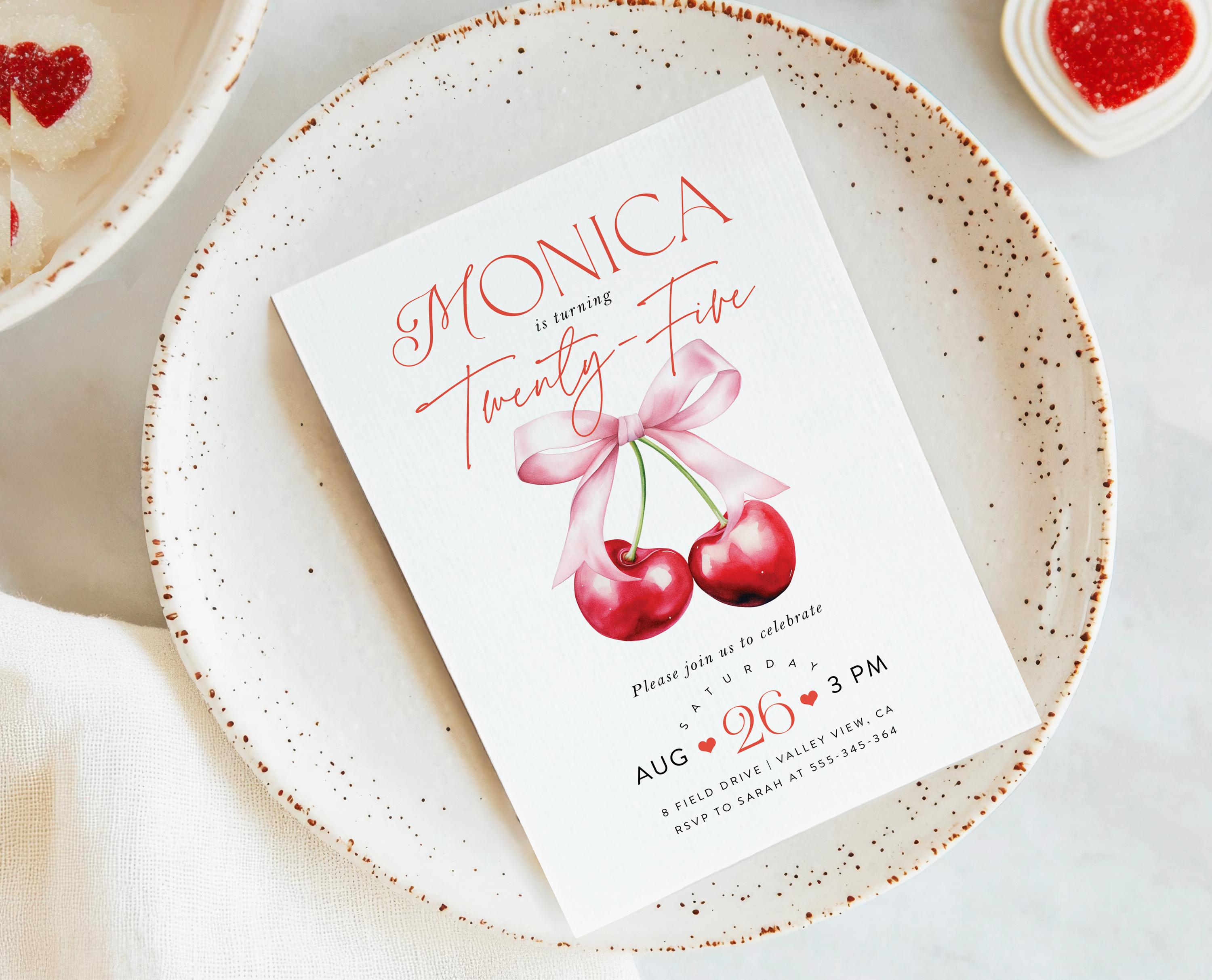 CHERRY BIRTHDAY INVITATION | Pink Adult Birthday Invite | Cherries ...