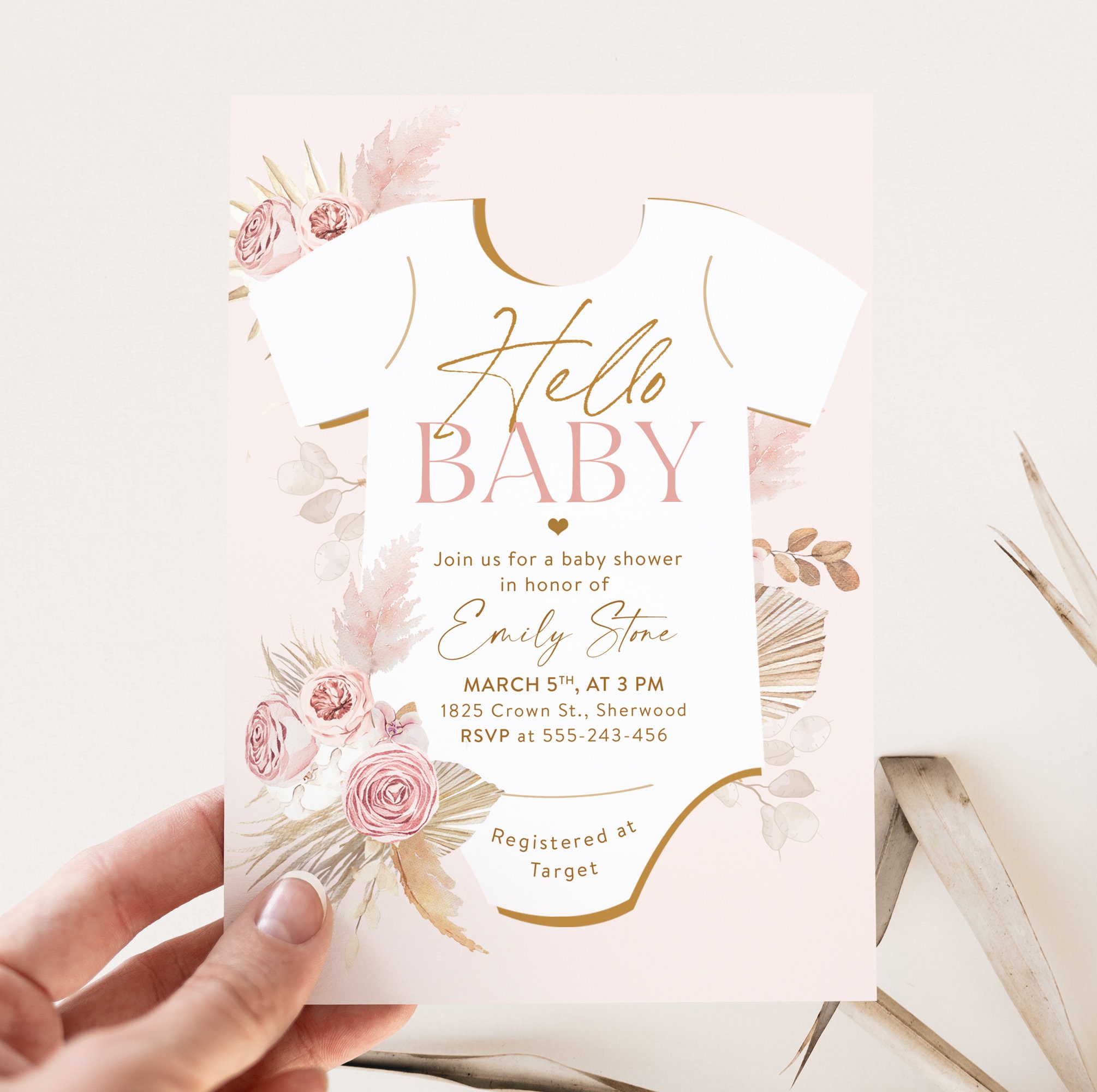 Pink Boho Floral Baby Shower Invitation, Baby Shower Invite, Girl Baby ...