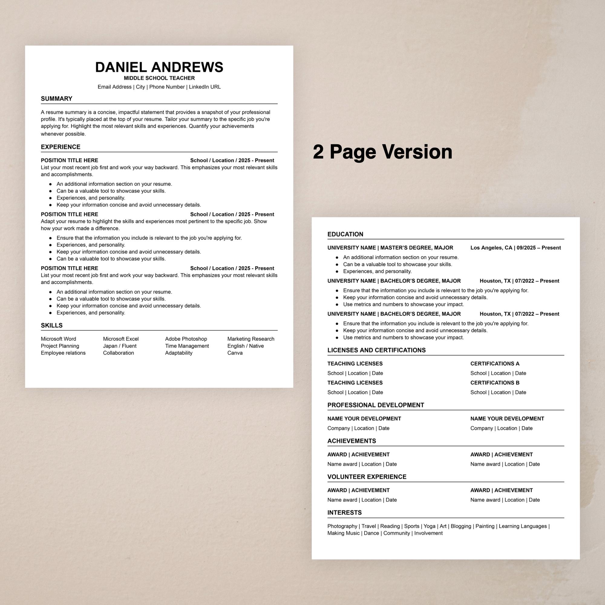 Teacher Resume Template, CV Template | Clean & Minimal Resume | US ...
