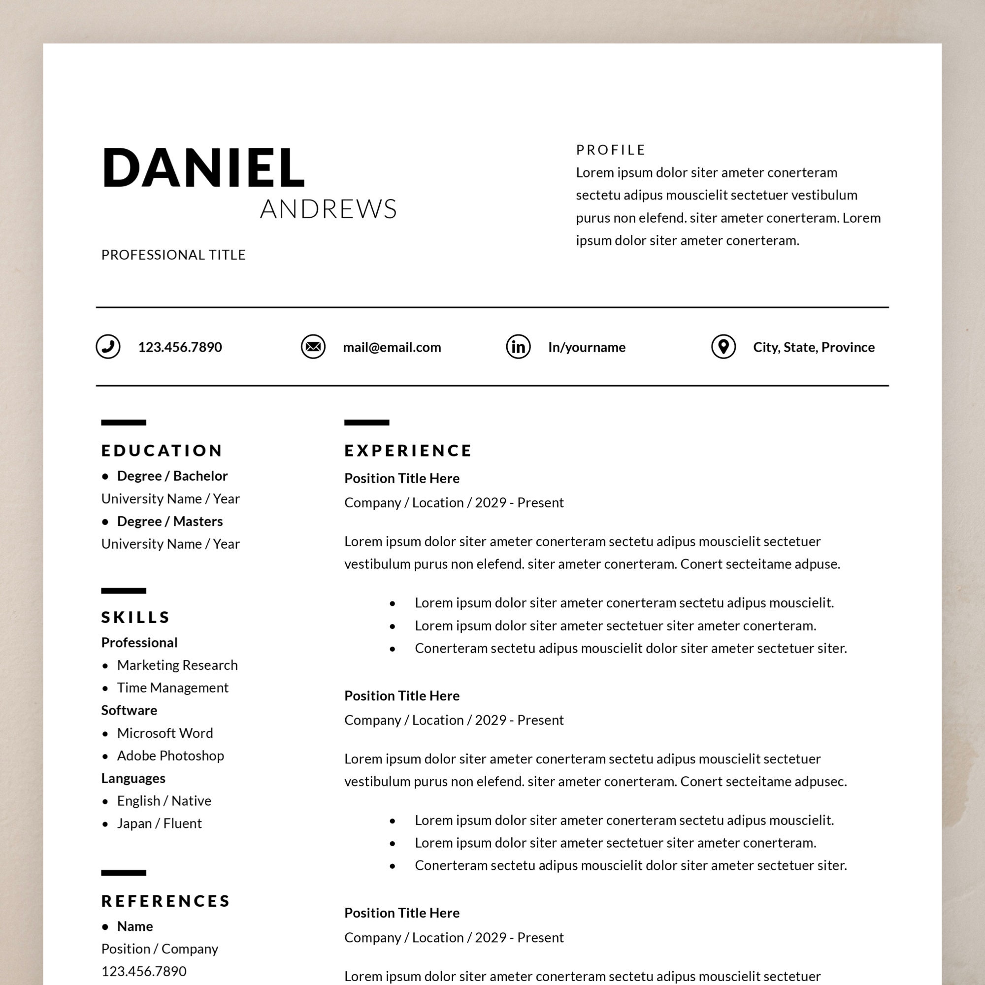 Professional Resume Template CV Template Clean & Minimal - Etsy UK