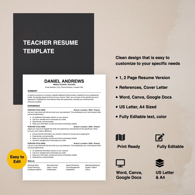 Teacher Resume Template, CV Template | Clean & Minimal Resume | US ...