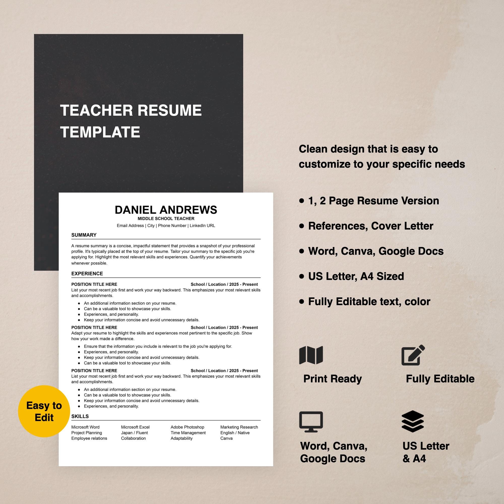 Teacher Resume Template, CV Template | Clean & Minimal Resume | US ...