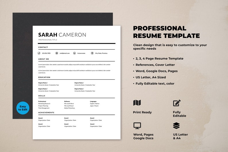 Professional Resume Template, CV Template | Clean & Minimal Resume | US ...