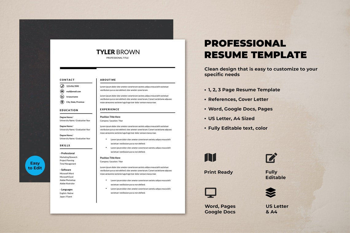 Professional Resume Template, CV Template Clean & Minimal Resume US ...