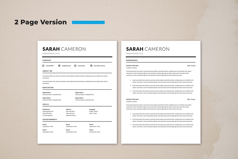 Professional Resume Template CV Template Clean & Minimal - Etsy
