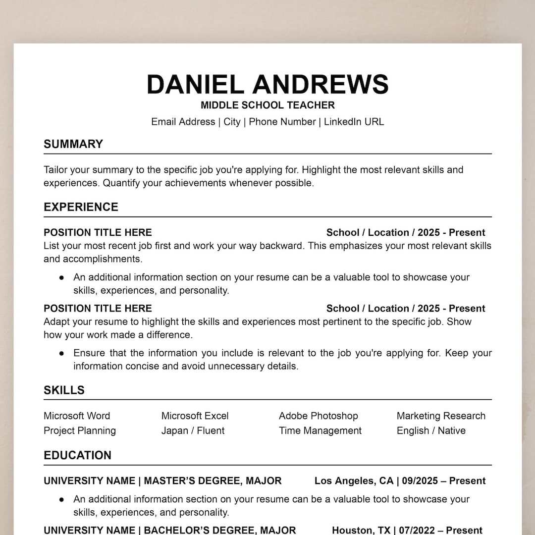 Teacher Resume Template, CV Template | Clean & Minimal Resume | US ...
