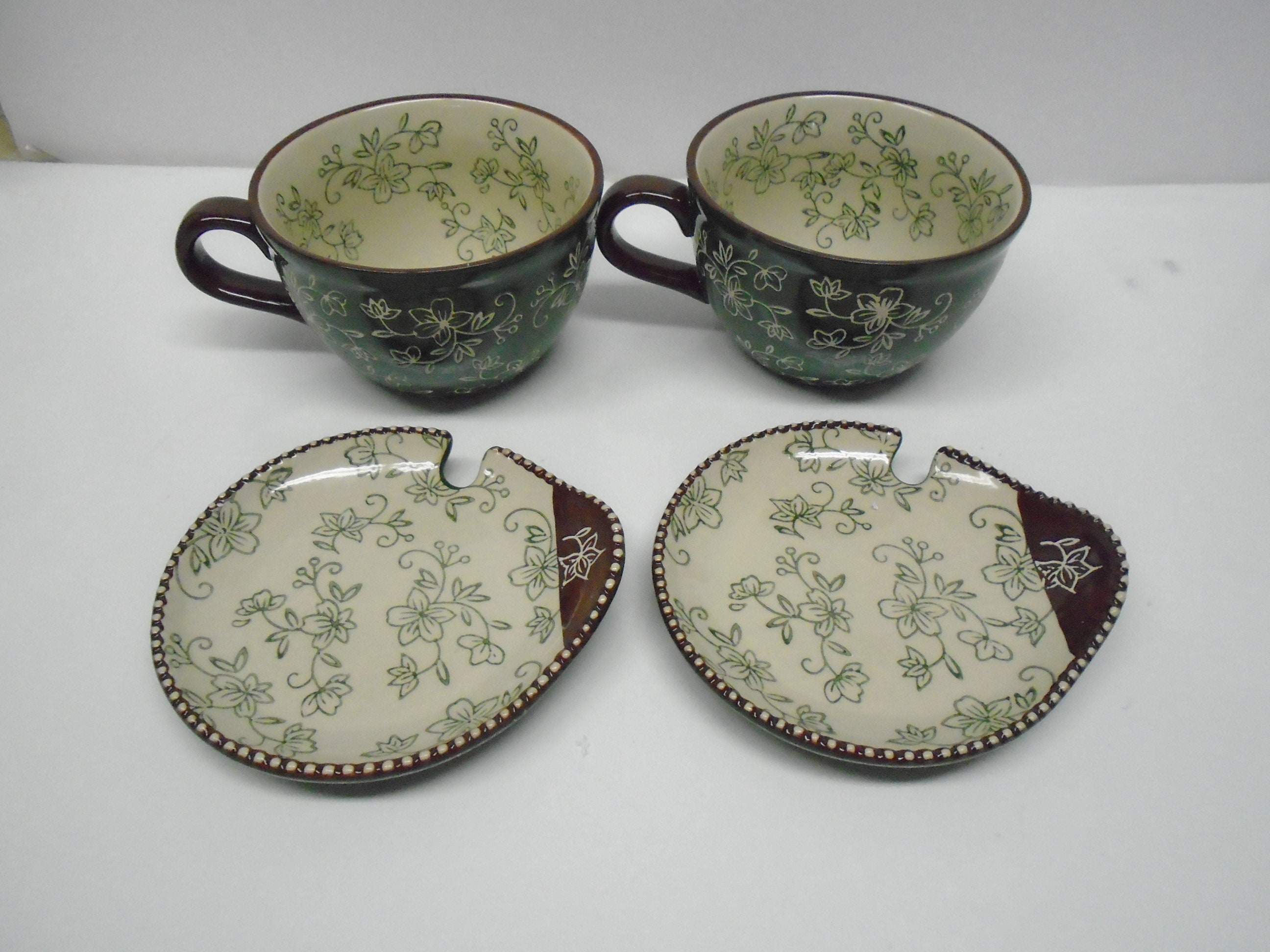 2 New Temptations Old World Brown and Green Covered Soup Cup Bowl Sets ...
