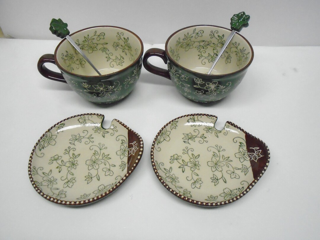 2 New Temptations Old World Brown and Green Covered Soup Cup Bowl Sets ...